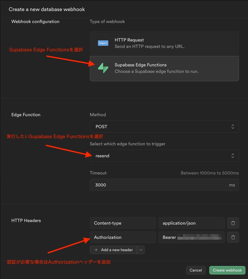 ⛳️ Supabase のWebhookを使ってデータ追加時にSupabase Edge Functionを実行する